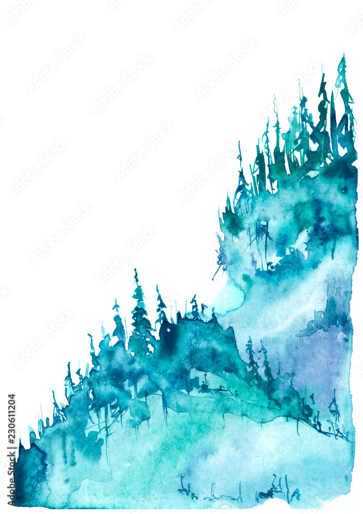 Watercolor group of trees - blue fir, pine, cedar, fir-tree. Forest on ...