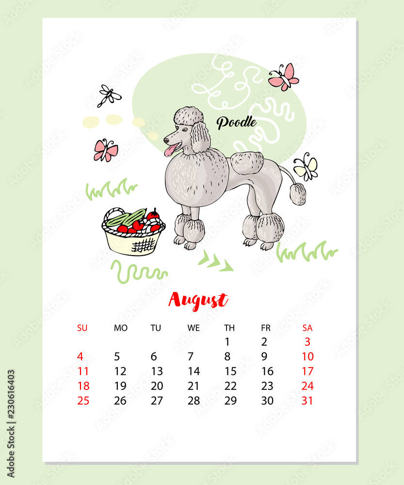 August Calendar 2019 with Funny Poodle Dog Sketch. Hand drawn animals ...