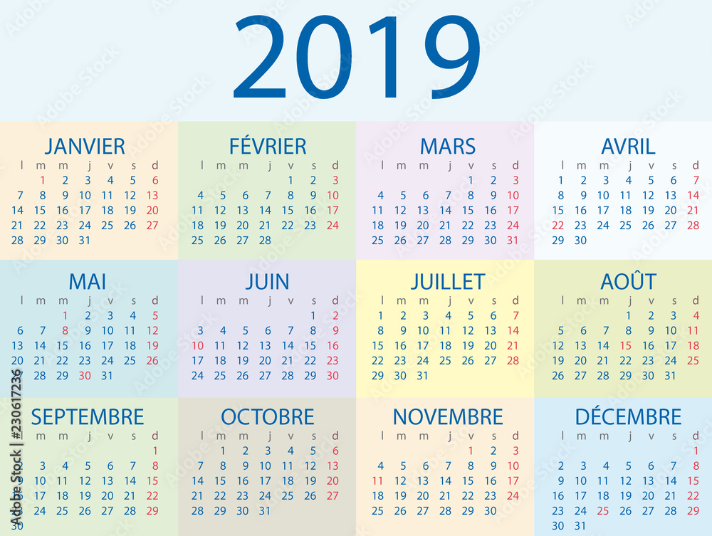 Vetor do Stock: Calendario 2019 en francés, con las fiestas de Francia ...