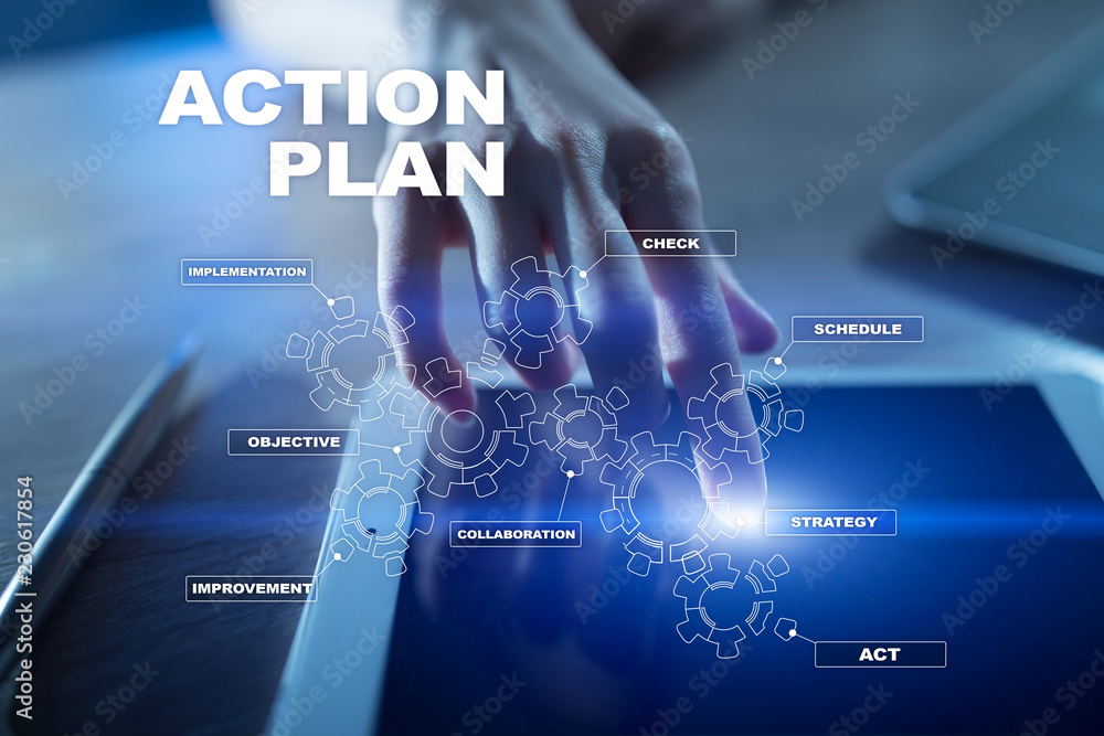 Action plan on the virtual screen. Planning concept. Business strategy ...