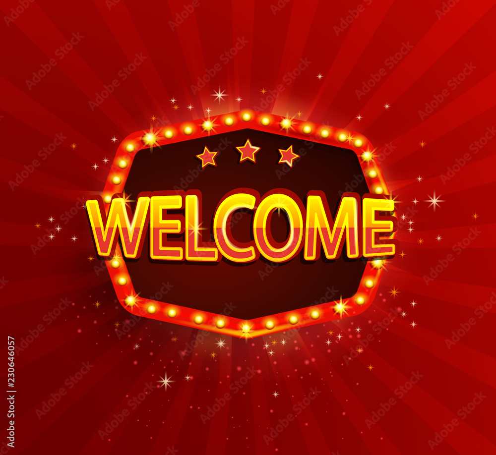 Welcome - shining retro light frame on red sunburst background. Banner ...