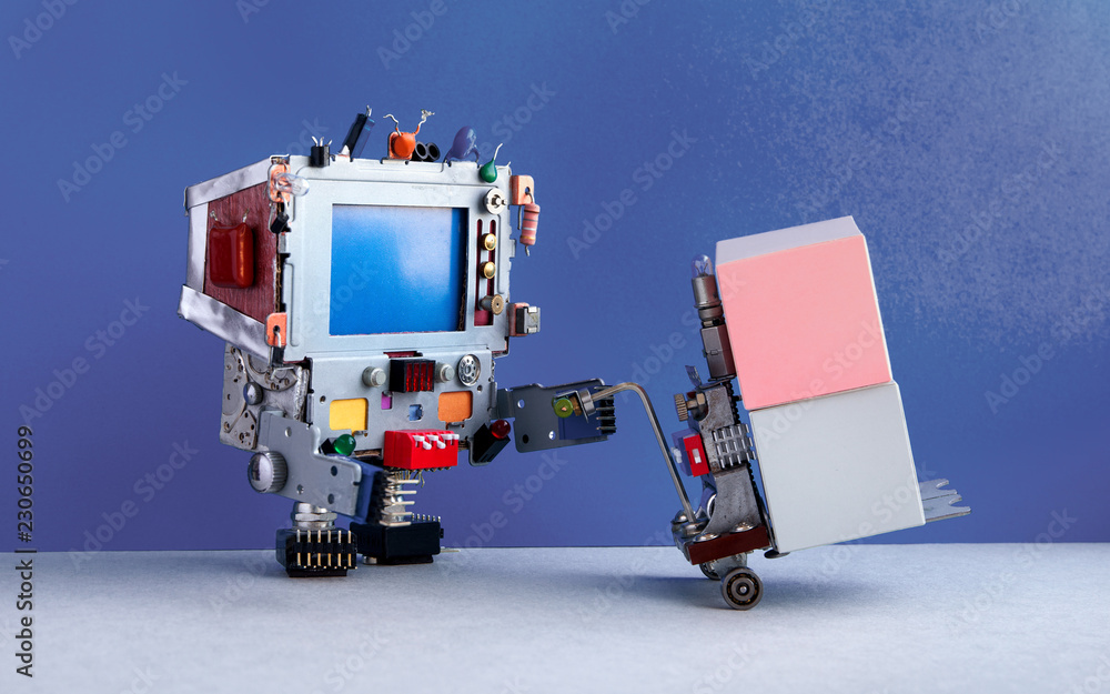 Robotic logistic delivery service concept. Robot moving containers with ...