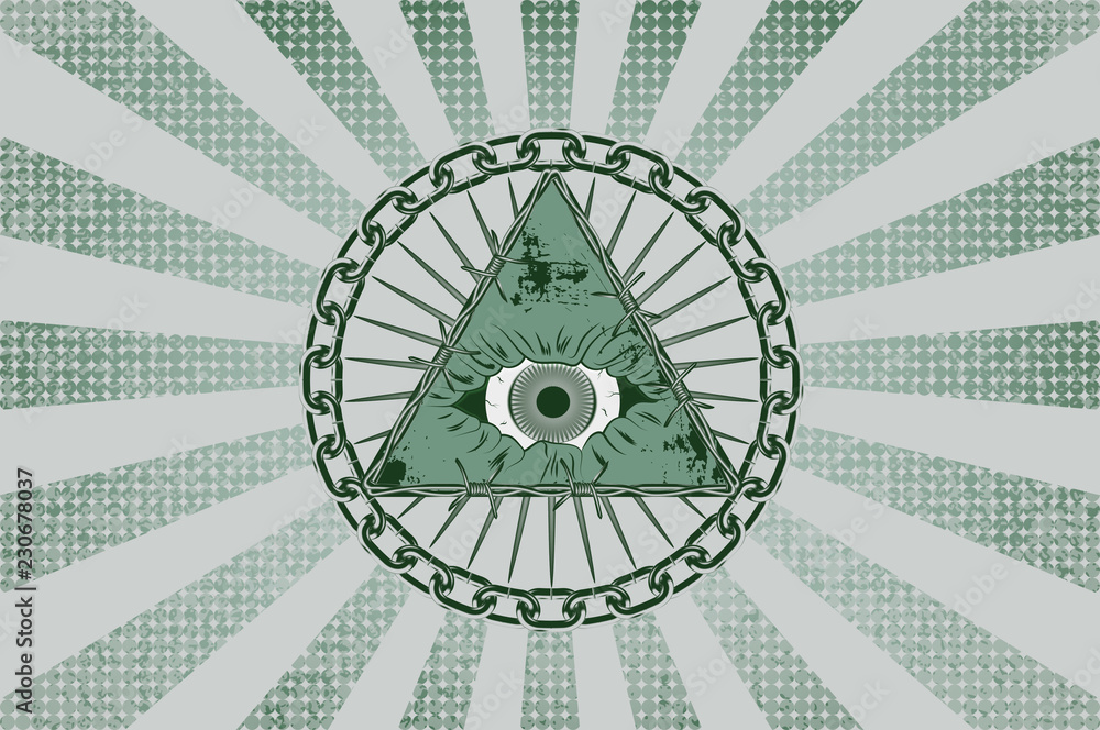 graphic pyramid of barbed wire with an eye of the skull in a circle of ...
