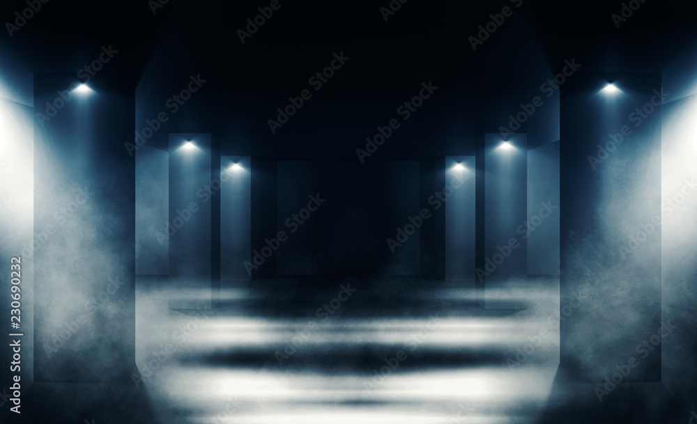 Background of an empty hall with pillars, neon lights, smoke, smog ...