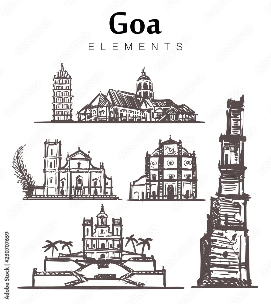 Set of hand-drawn Goa buildings.India, Goa elements sketch vector ...