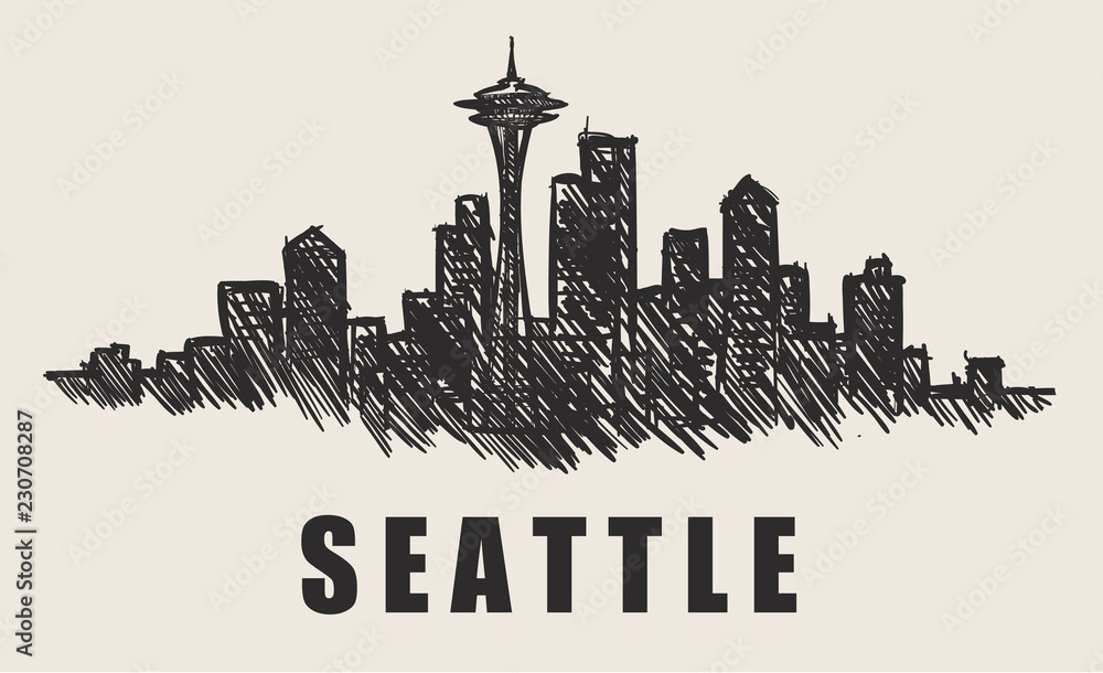 Seattle skyline,Space needle hand-drawn vector illustration.Fast doodle ...