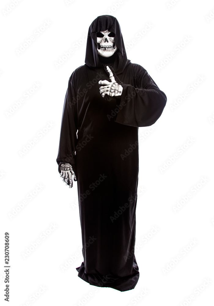 Halloween costume of a skeleton grim reaper wearing a black robe on a ...