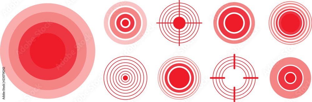 Pain red rings to mark painful woman and man body parts, neck, bones ...
