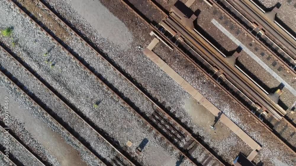 Aerial top down view of classification yard railway track is railroad ...