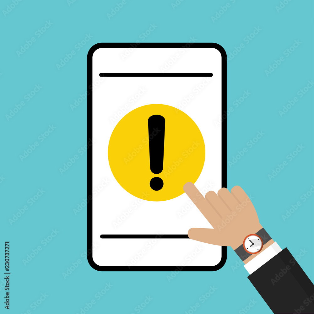 Businessman hand pointing at mobile phone icon with yellow hazard ...