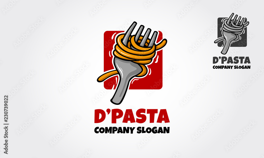 D'Pasta at fork fast food meal, isolated red background. Vector logo ...