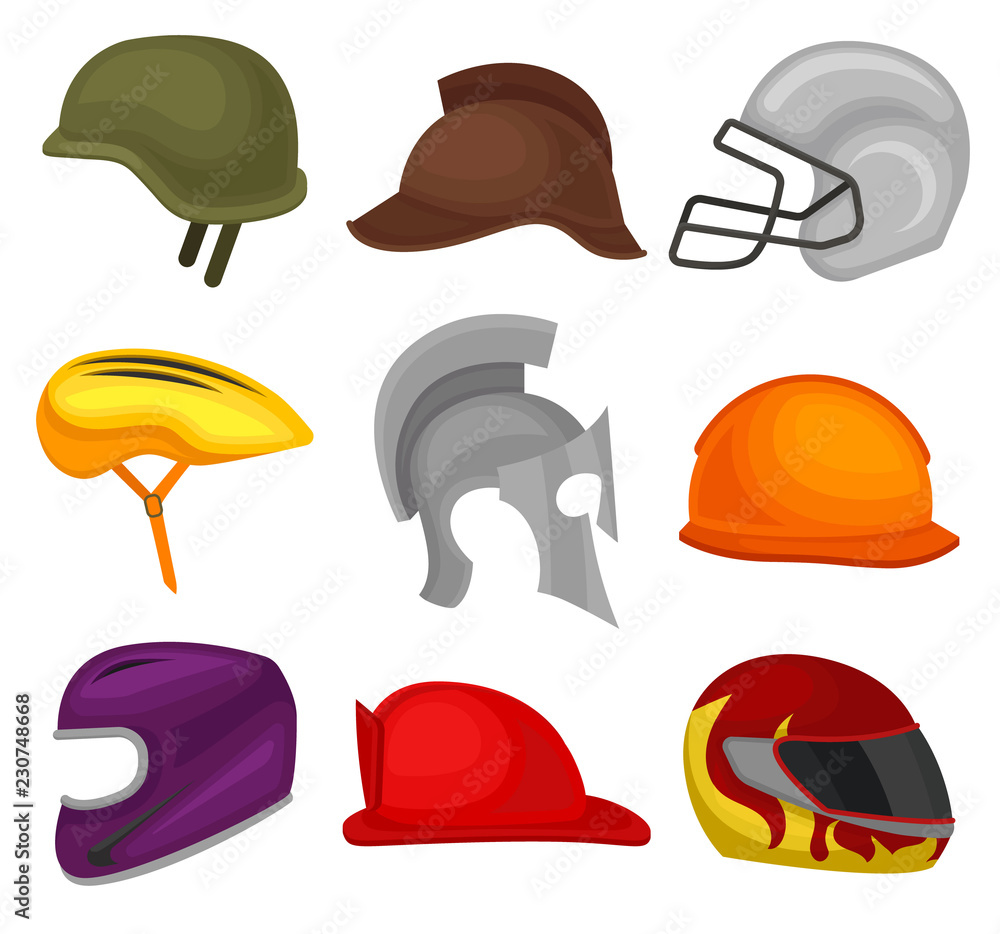 Flat vector set of 9 helmets. Protective headgear for soldier, horse ...