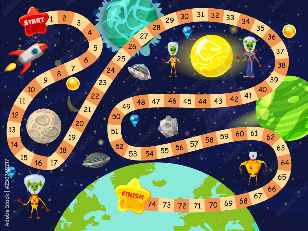 Space board game vector illustration. Rockets UFO and Aliens in space ...