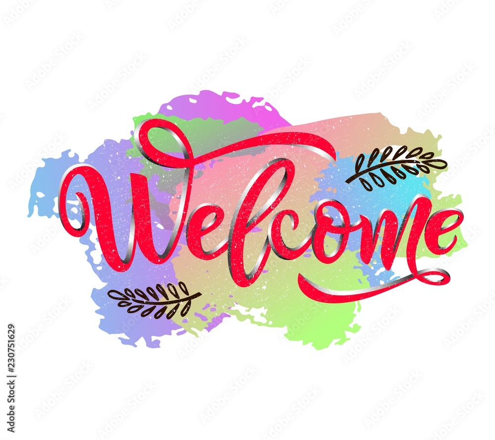 Welcome calligraphy lettering with decorative elements red color on ...