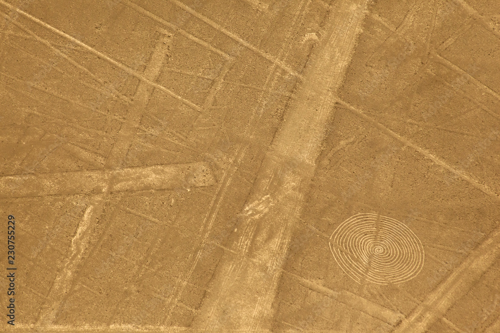 An overview of part of the Nazca Plain in Peru, decorated with huge ...