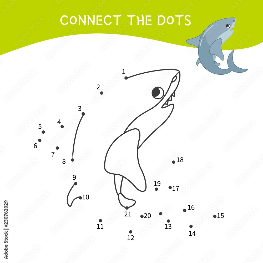 Educational game for kids. Dot to dot game for children. Cartoon shark ...