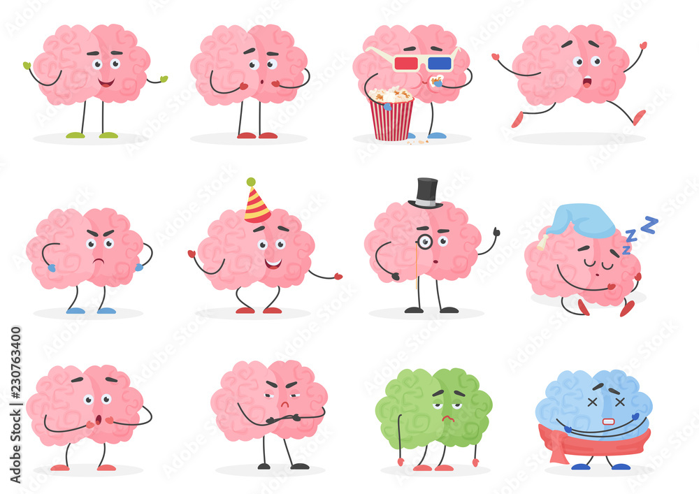 Brain character emoji emoticons set. Funny cartoon brain emotions and ...