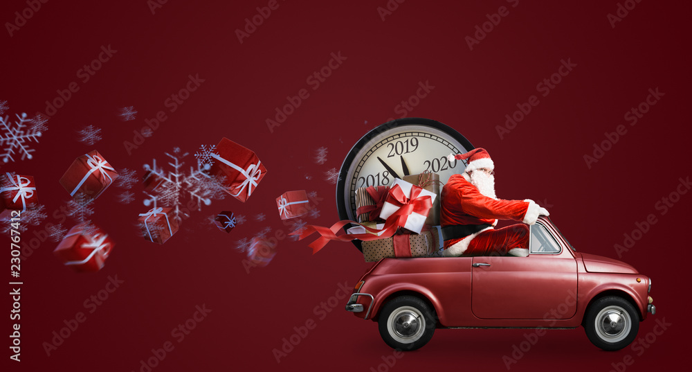Christmas countdown arriving. Santa Claus on car delivering New Year ...