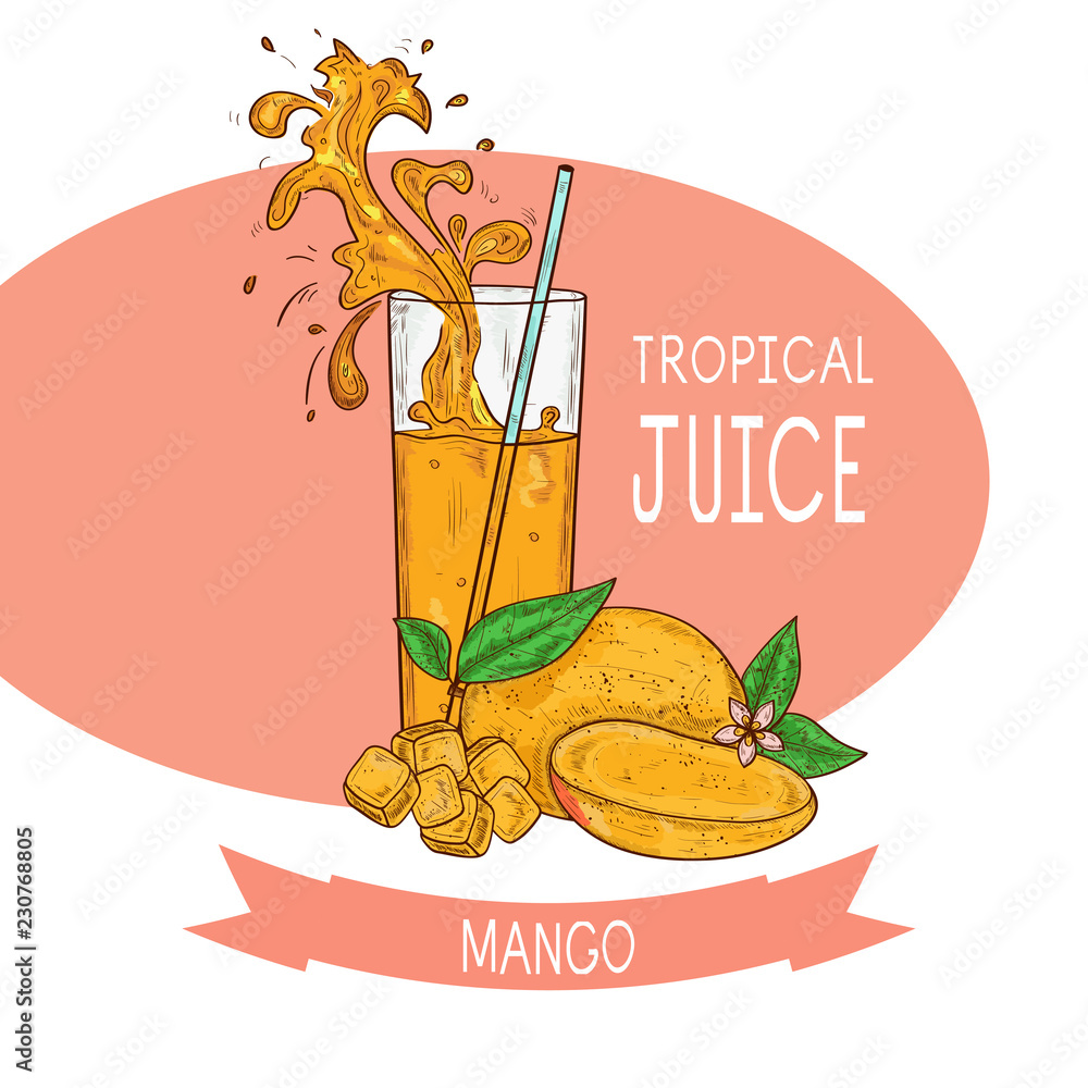 Mango. Tropical Fruit. A glass of juice, smoothies. Straws, splash ...