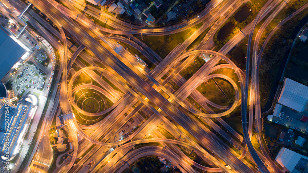Aerial view of a Unique City Roads and Interchanges, Bangkok Expressway ...