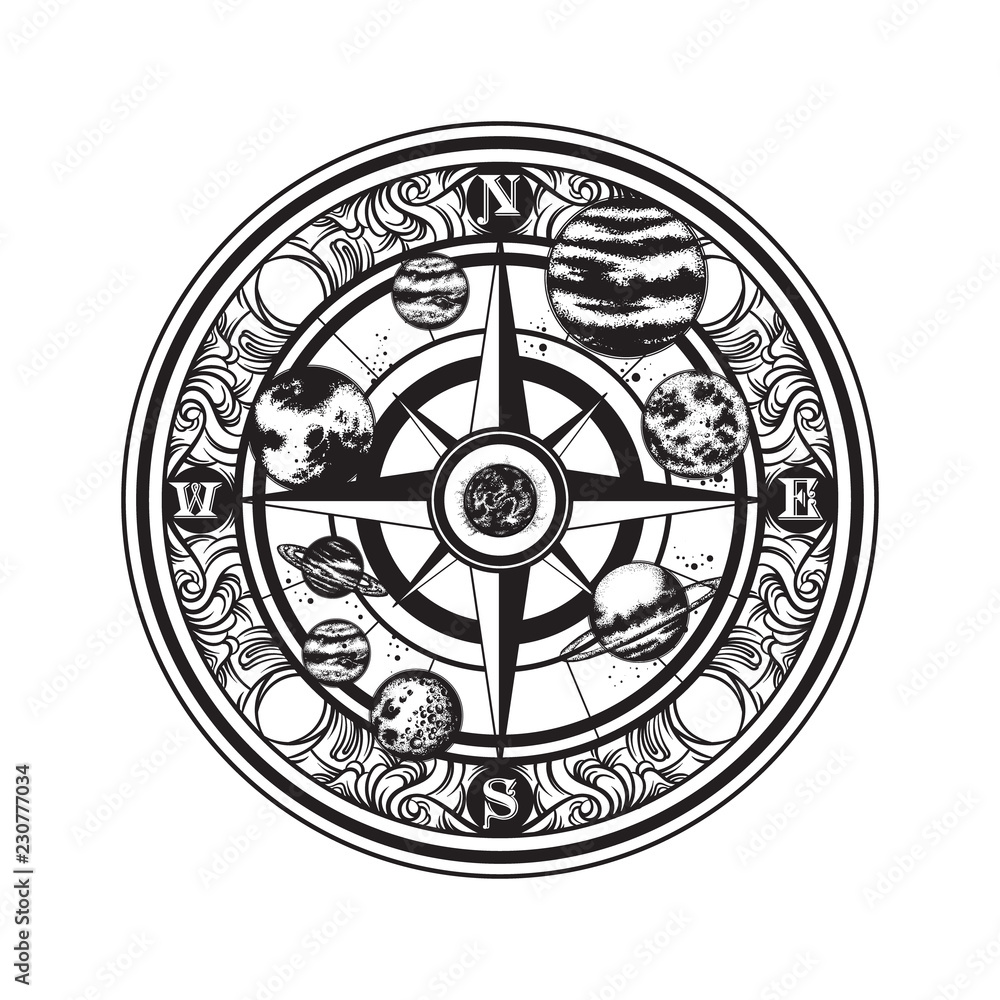 Vector hand drawn illustration of vintage compass and planets of solar ...