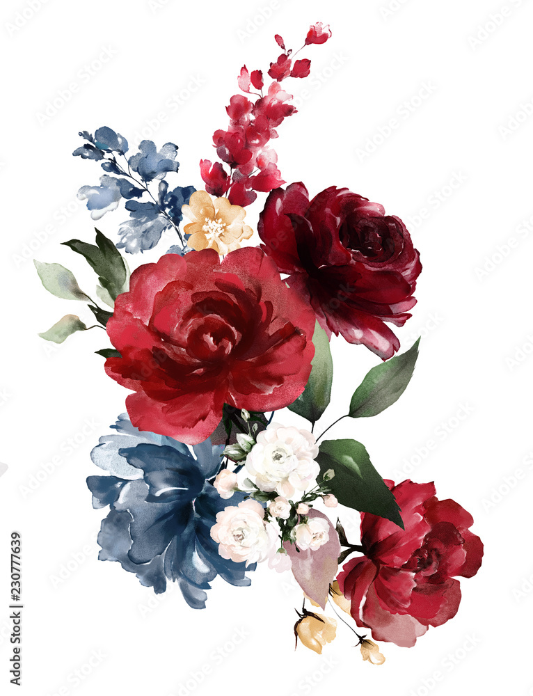 watercolor burgundy flowers. floral illustration, Leaf and buds ...