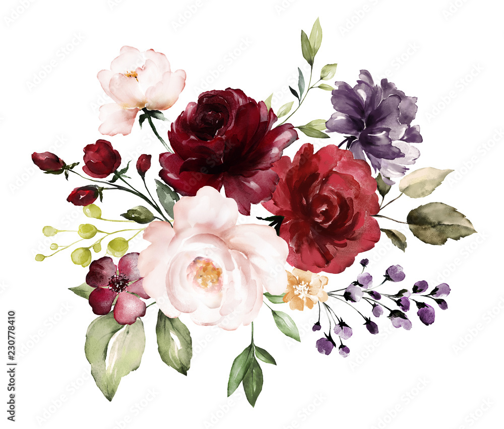 watercolor burgundy flowers. floral illustration, Leaf and buds ...