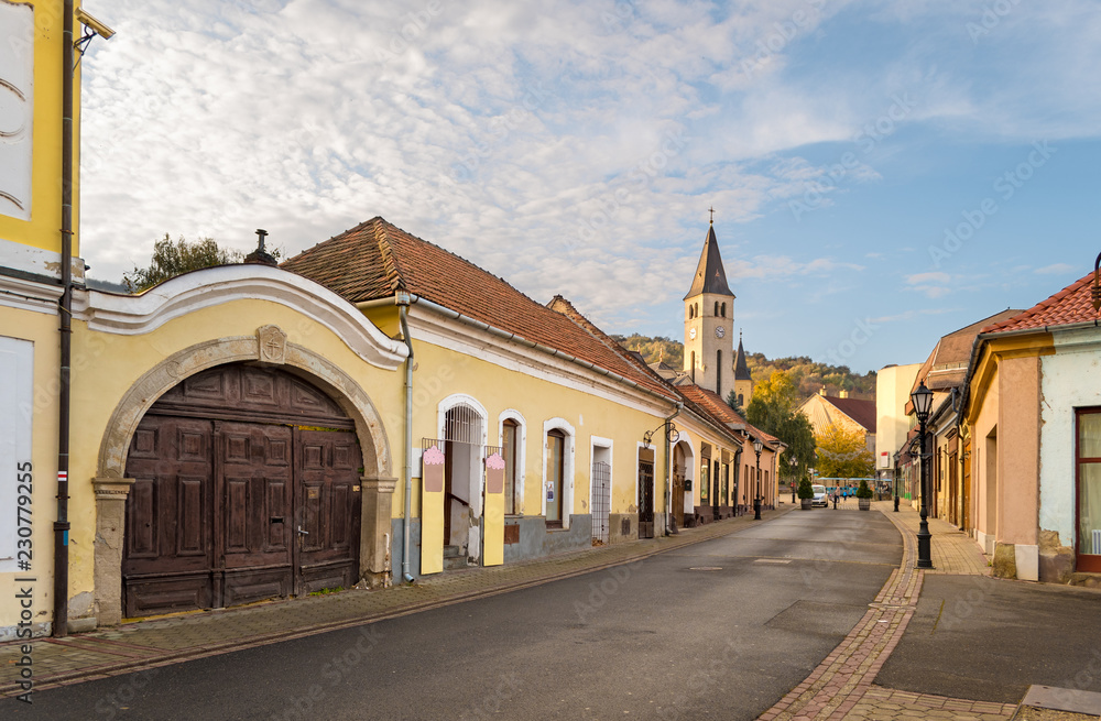 Tokaj historic city center with the Roman Catholic churhc in autumn ...