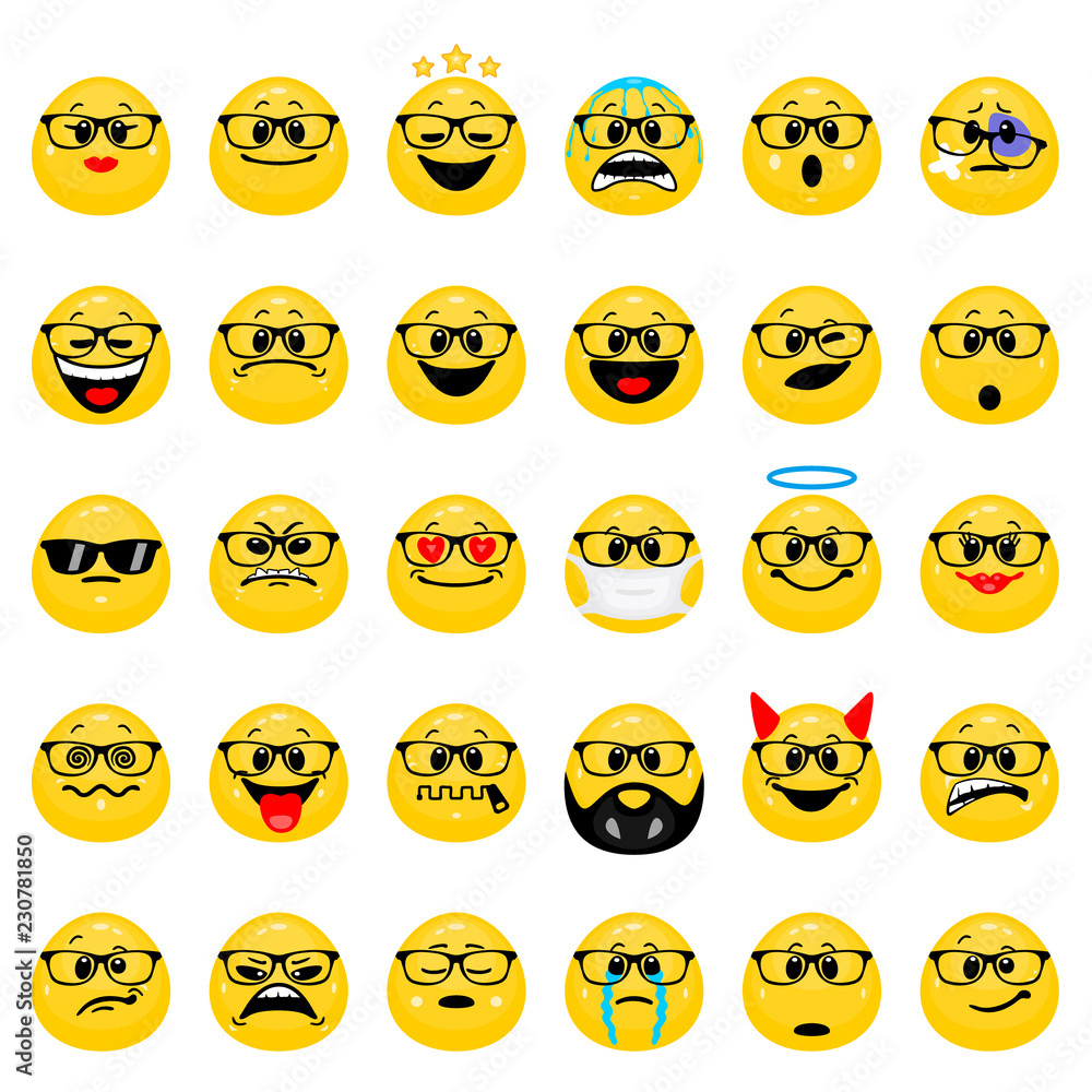 Vector set of nerd face emojis. Collection of emoticons wearing ...