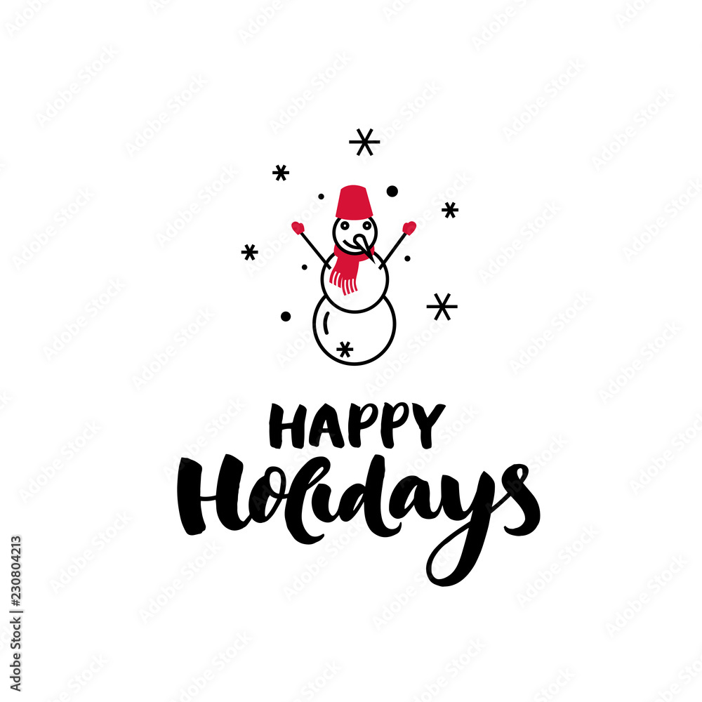 Snowman icon style template with handwritten text ''Happy holidays ...