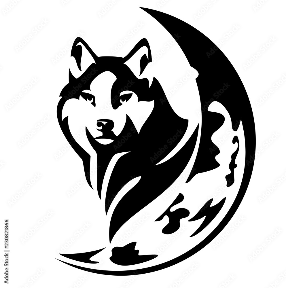 wild wolf head and crescent moon black and white vector design Stock ...