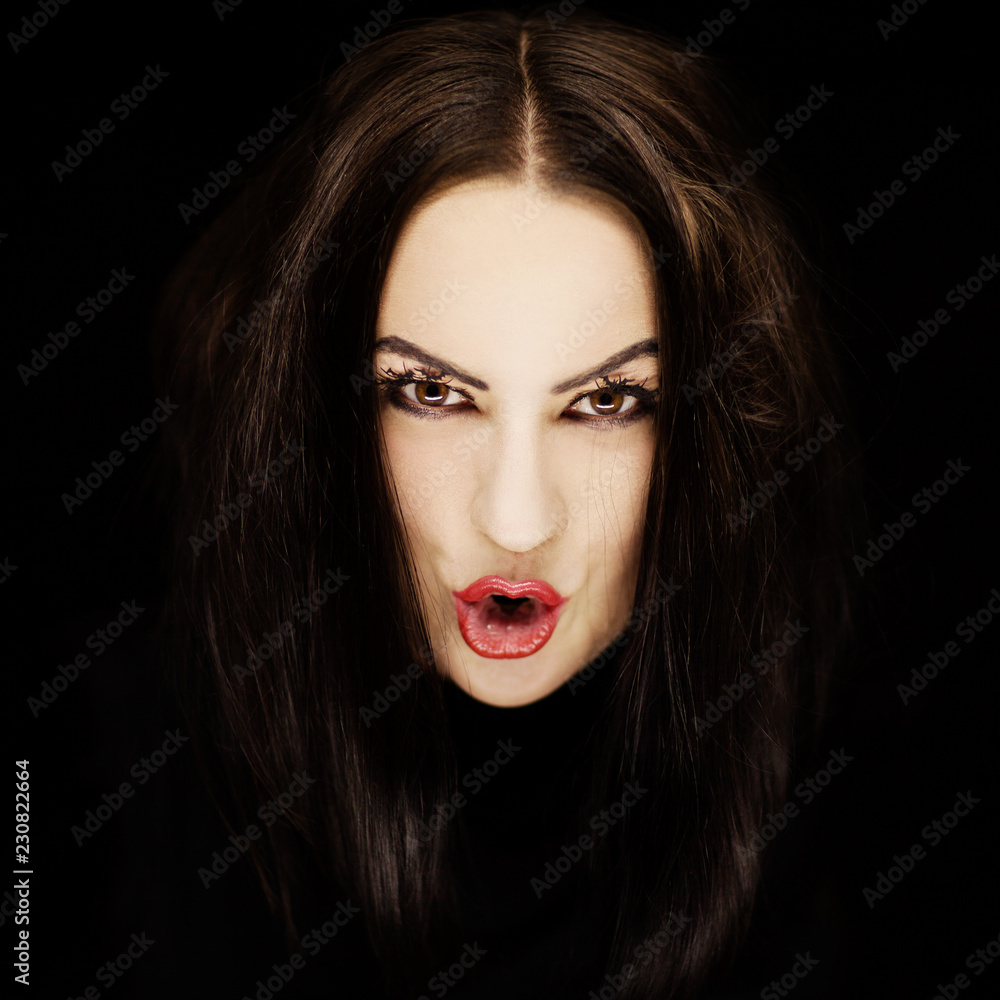 Beautiful woman face portrait with perfekt make up and halloween eye ...