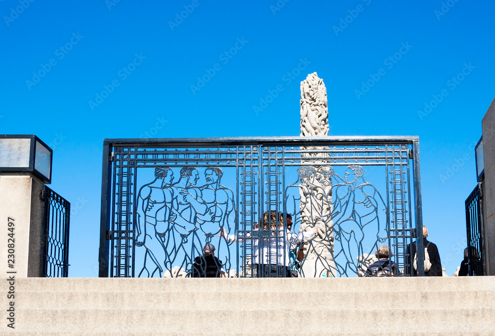 Oslo, Norway, Forged gates around the monolith in Vigeland Park. Along ...