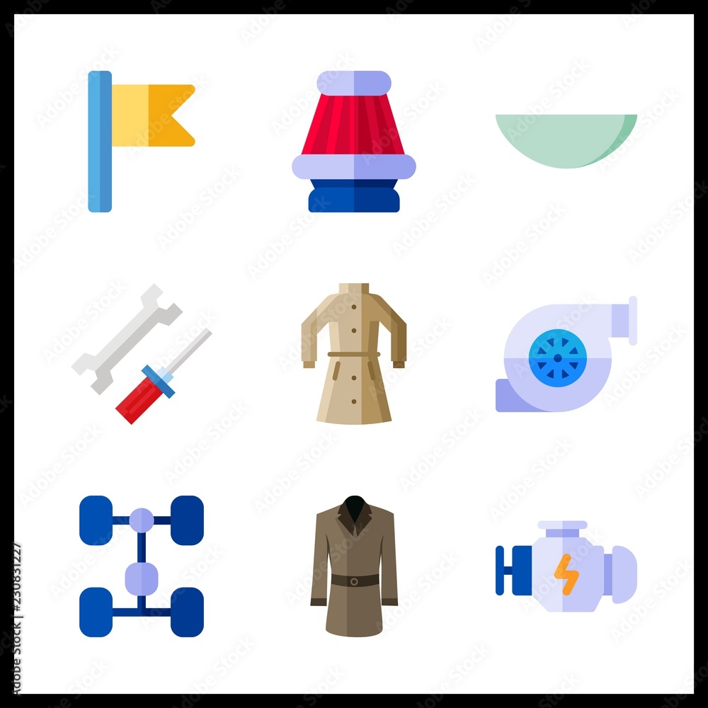 9 part icon. Vector illustration part set. motor and chassis icons for ...