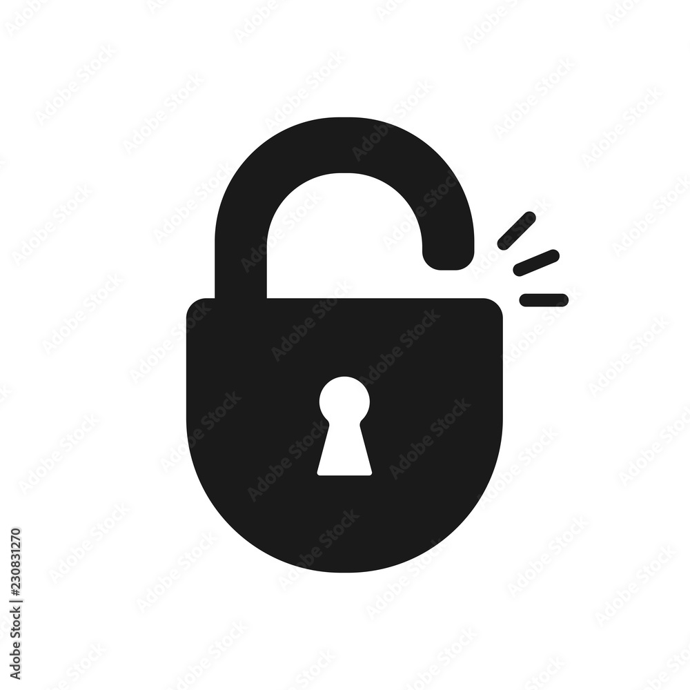 Black isolated icon of unlocked lock on white background. Silhouette of ...