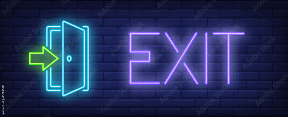 Exit neon sign. Glowing inscription with door and arrow pointer on dark ...