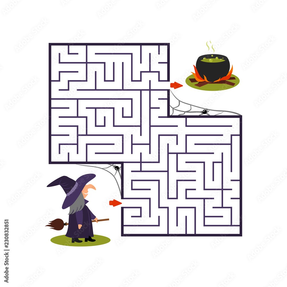 Square labyrinth with witch and cauldron on white background. Children ...
