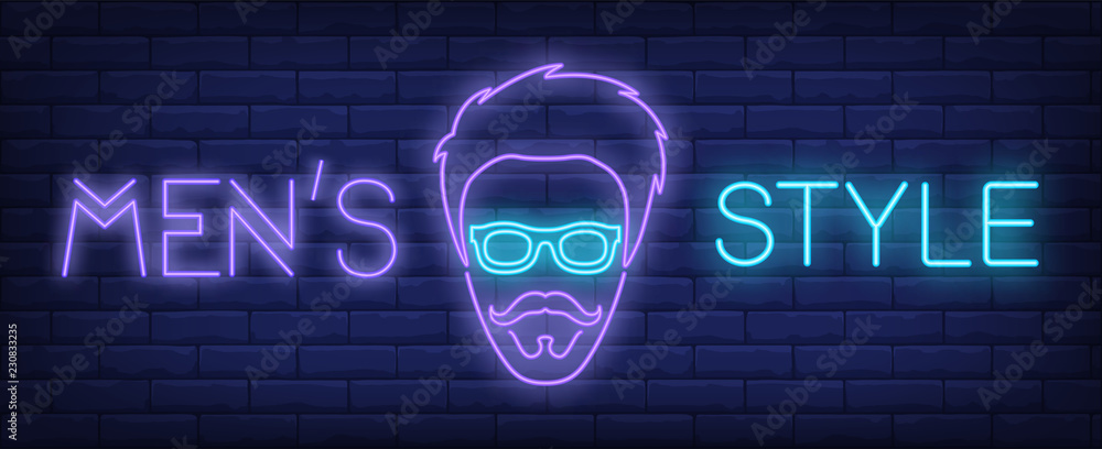 Mens style neon sign. Glowing inscription with men face with mustache ...