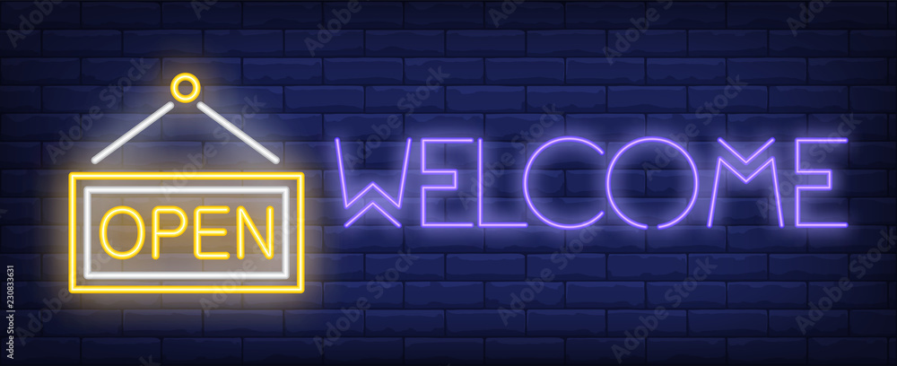 Welcome neon sign. Glowing inscription with open signboard on dark blue ...