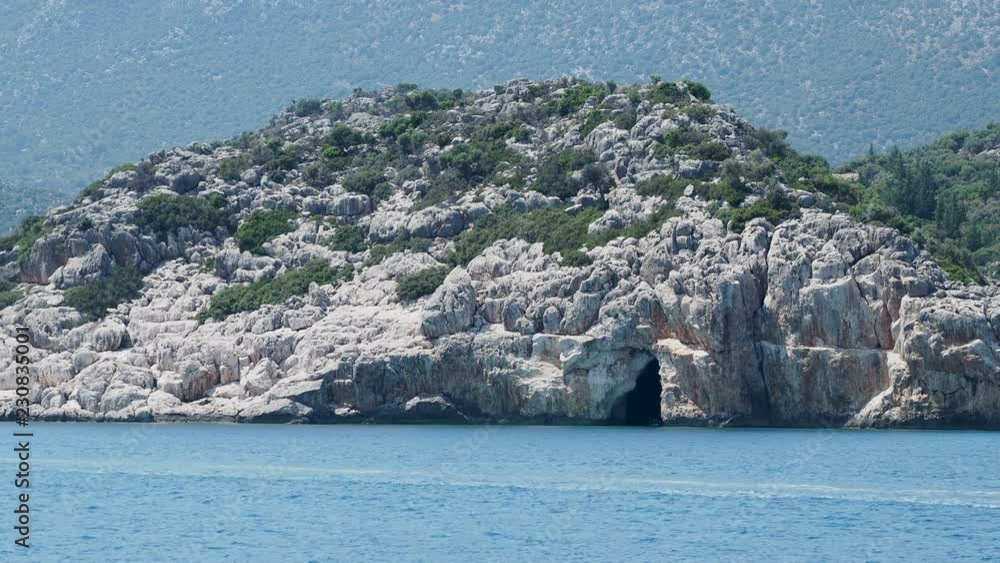 Touristic yacht goes to famous Kekova island. Ship passed famous Blue ...