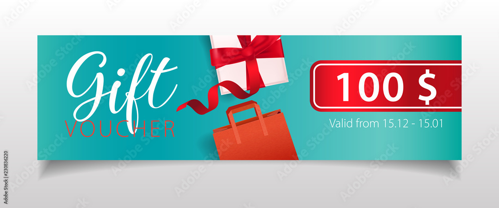 Gift Voucher lettering with gift box and shopping bag. Gift voucher ...