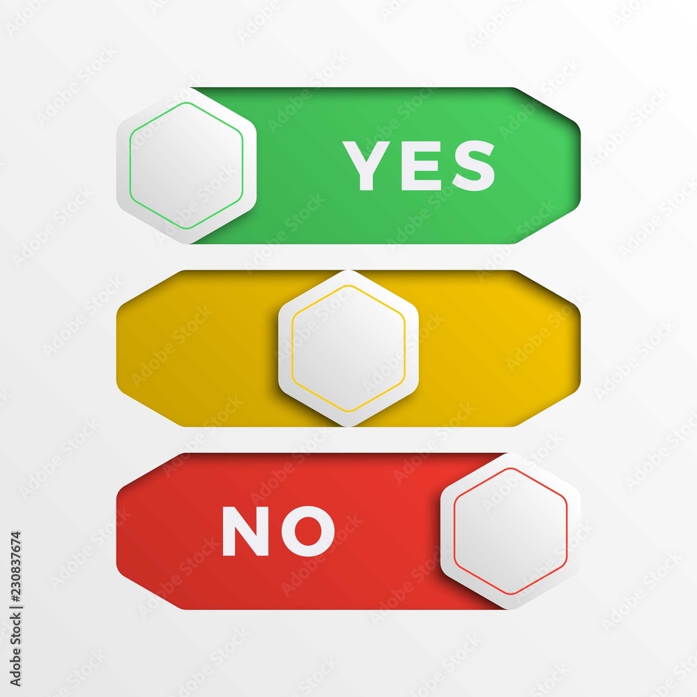 red, yellow, green hexagonal switch interface buttons. 3d realistic yes ...