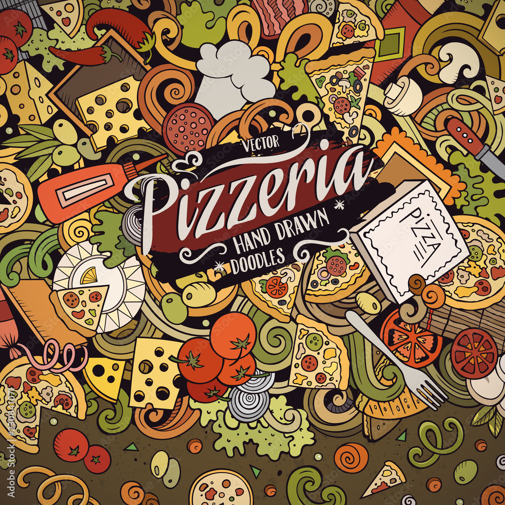 Cartoon vector doodles Pizza frame. Bright colors pizzeria funny border ...