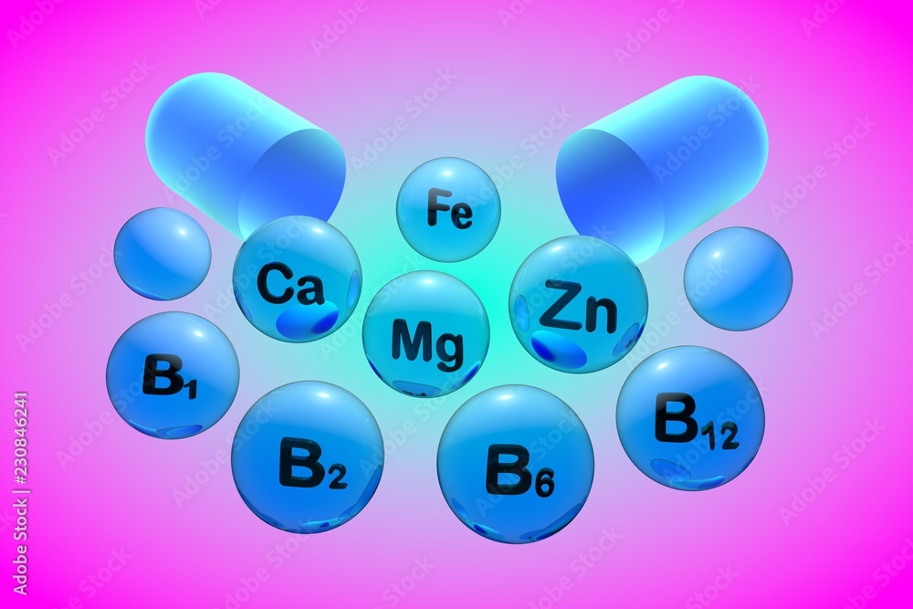 Open blue capsule with essential mineral and vitamin pills. Vitamin and ...