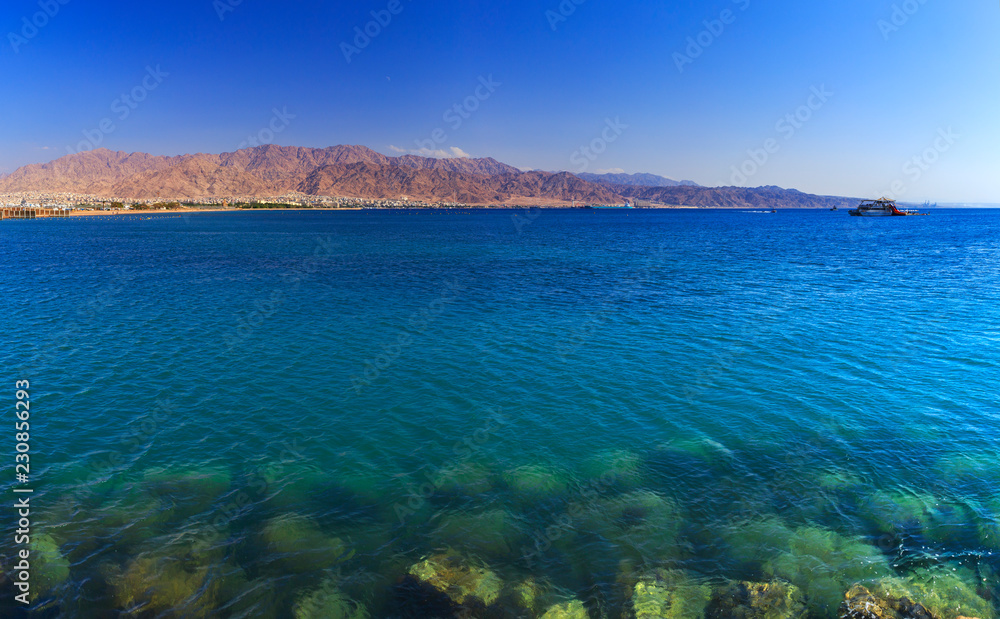 The city of Aqaba in Jordan and the Gulf of Aqaba of the Red Sea Stock ...