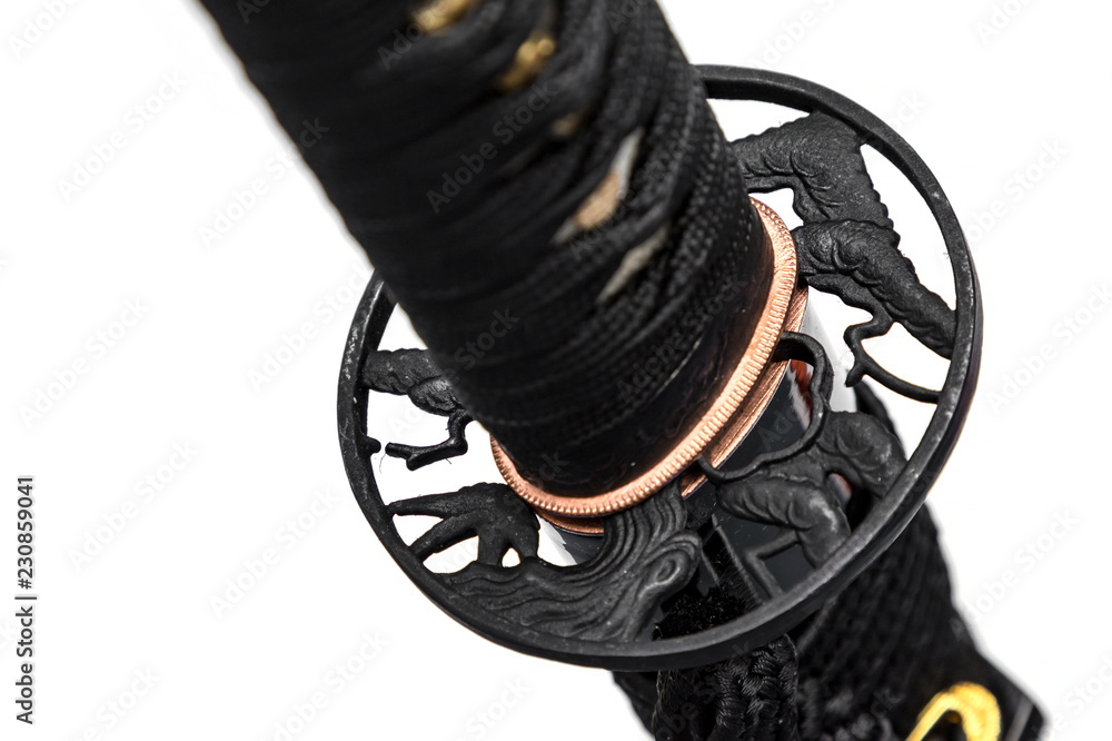 Pine Tsuba : handguard of Japanese sword made of steel isolated in ...