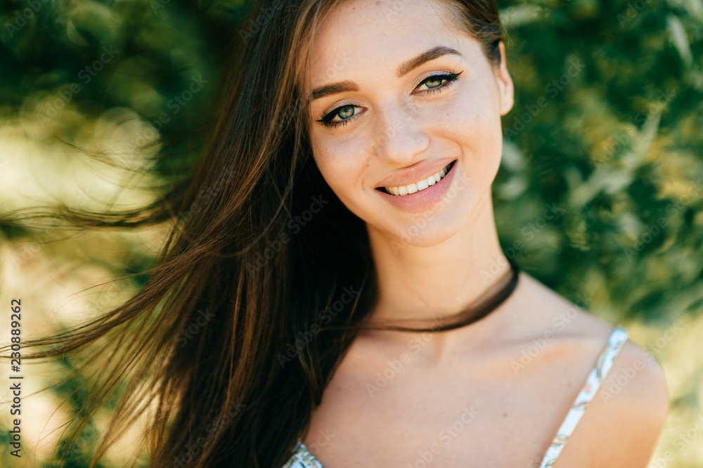 Closeup Lifestyle Portrait Of Celebrity Female Model Beautiful Girl Face On Abstract Nature