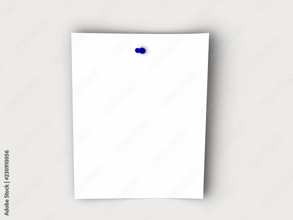paper on white background with blue pin, 3D rendering, space for text ...