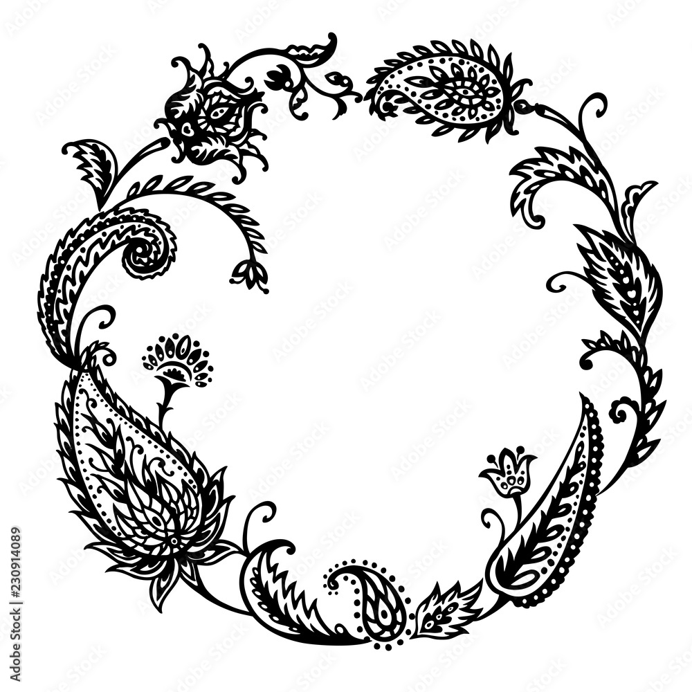 Round frame in a boho style paisley pattern. Traditional decorative ...