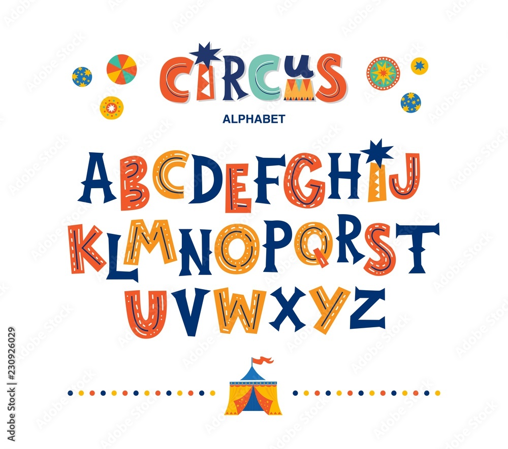 Circus funny alphabet in cartoon style. Colorful modern alphabet for ...